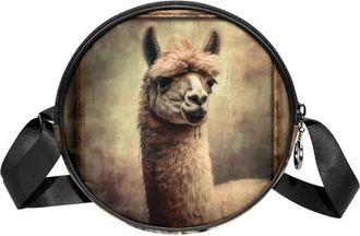 Generic Sac &agrave; bandouli&egrave;re rond pour femme, motif alpaga vintage, petit sac &agrave; bandouli&egrave;re avec fermeture &eacute;clair, bretelles r&eacute;glables, sac &agrave; main rond d&eacute;contrac