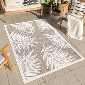 Carpet City Tapis dextérieur résistant aux intempéries - Beige - 100 x 200 cm - Feuilles de palmier - Tapis de balcon imperméable - Tapis dintérieur et dextérieur