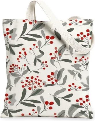 Generic Sacs fourre-tout en toile &agrave; motif floral dhiver, motif feuilles de baies, sacs d&eacute;picerie r&eacute;utilisables, l&eacute;gers et lavables en toile pour Tr, blanc, 13