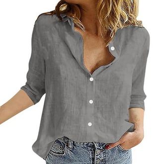 Generic Chemisier d&eacute;contract&eacute; en coton et lin pour femme avec revers boutonn&eacute; &agrave; manches 3/4, t-shirt ample surdimensionn&eacute; en coton m&eacute;lang&eacute;, chemisier tendance