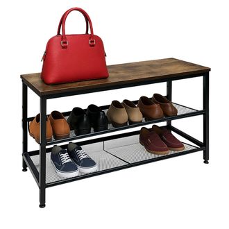 Relaxdays Schuhregal Industrial, 2 Gitterablagen, HBT: 45 x 80 x 30 cm, Schuhst&auml;nder, Ablage in Holzoptik, schwarz/braun