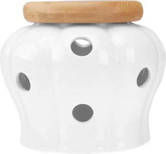 Yardwe Keramik Zwiebeltopf Knoblauch Vorratsdose mit Holz Deckel Kartoffeltopf Vorratstopf Vorratsbehälter Keramikdose Knoblauchtopf Zwiebeln Dose Kartoffeln