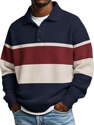 Generic Polo ray&eacute; &agrave; manches longues pour homme - Texture gaufr&eacute;e - D&eacute;contract&eacute; - Haut de bureau - Travail quotidien - Polo &agrave; manches longues confortable pour 