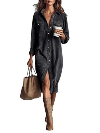 Generic Robe chemise midi boutonnée en velours côtelé pour femme, robe chemise dautomne à manches longues, robe tunique à col daffaires, robe de travail, gris