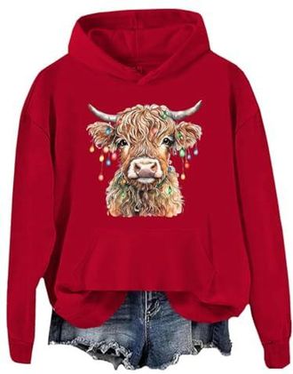 Generic Sweat à capuche de Noël pour femme avec inscription « Have Yourself A Mooey Little Christmas Shirt Highland Cow Santa », Rouge, XXL