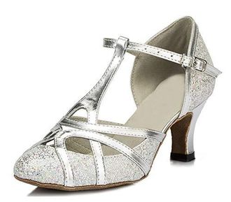 Minitoo Femme Danse Chaussure Ferme Cabaret Fete Soiree Escarpins et Talons Bas L2040 Argent 6cm Talon EU 42