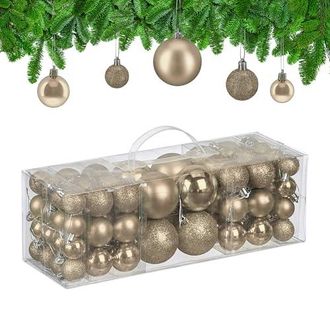 Relaxdays Weihnachtskugeln, 76er Set, Kunststoff, glitzernde, Matte, gl&auml;nzende Baumkugeln, Christbaumschmuck, Champagner