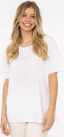 Zwillingsherz Kurzarmshirt Oversized Shirt Stempeldruck Moin Kurzarm, tiefer Rundhalsausschnitt, Schriftzug, Baumwollmischung