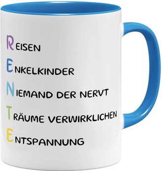 OM3 Rente Tasse mit Spruch Abschiedsgeschenk Ruhestand| Keramik Becher | 11oz 325ml | Beidseitig Bedruckt | Hellblau