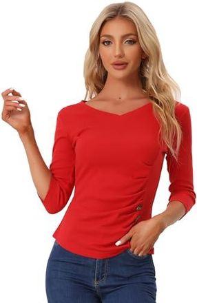 Allegra K Femmes Haut Fronc&eacute; Manches 3/4 Col V Rouge L