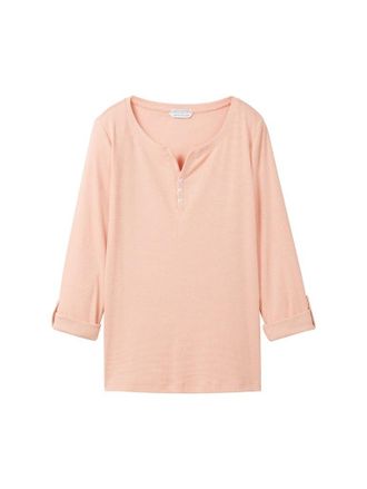 Tom Tailor Damen Henley Longsleeve mit Streifen aus Bio-Baumwolle, 35225 - Apricot Offwhite Stripe Ck, XXL