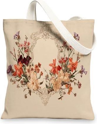Generic Sac fourre-tout vintage en toile à motif floral élégant, sac de courses réutilisable, léger et lavable, pour voyage, plage, 33 x 38 cm