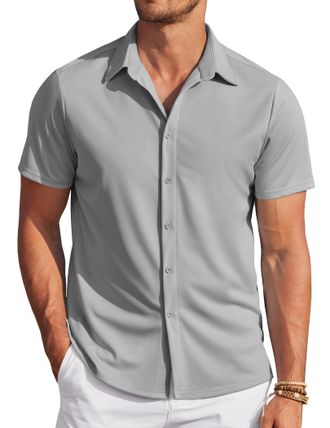 Coofandy Sommerhemd M&auml;nner Hemden Kurzarm B&uuml;gelfrei Freizeithemden Herren Urlaub Basic Shirt Casual Button Down Hellgrau XXL