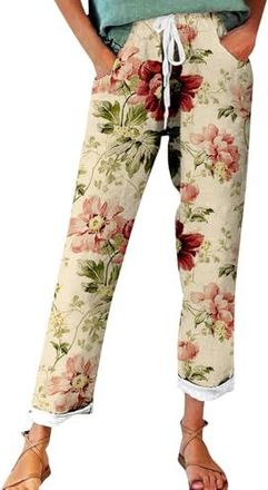Generic Pantalon L&eacute;ger Femme en Lin D&eacute;contract&eacute; Fluide Womens Autumn Fragrant Linen Print Casual Pants Perfect for Spring Comfortable and Trendy for Ample Lin
