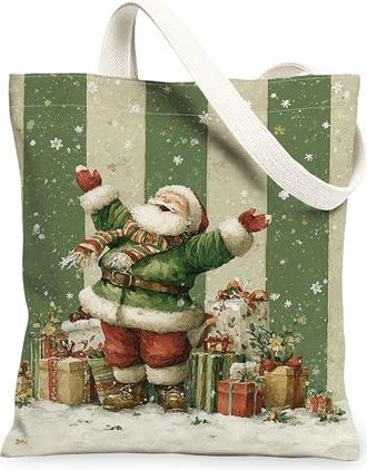 Generic Sacs fourre-tout en toile de No&euml;l, motif P&egrave;re No&euml;l festif, sacs de courses r&eacute;utilisables, sacs de courses vintage, respectueux de lenvironnement, toil