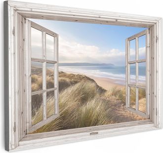 MuchoWow © Leinwand Bilder Groß 120x80 cm XXL Wanddeko Wohnzimmer Aesthetic Room Decor Deko Zimmer Wandbilder Modern Fensterblick - Meer - Strand - Dünen - Mar