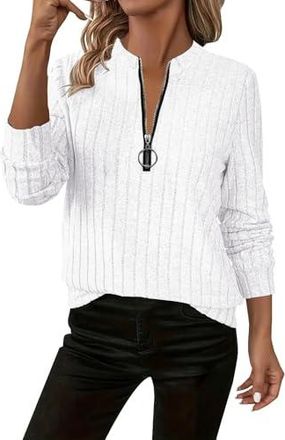 Generic Pull en tricot c&ocirc;tel&eacute; avec col en V et manches longues pour femme, blanc, M