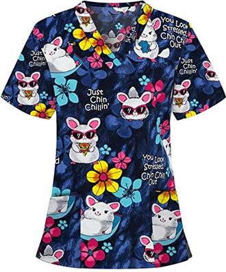 Generic Générique Blouse Estheticienne Professionnelle,Blouse Medicale Femme Blouse De Travail Femme Vêtements Femme Col en V Shirts Dété Haut T-Shirts Manche