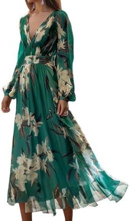 Onsoyours Robe Maxi Femme Col en V Longue Imprim&eacute; Florale Taille Haute Robes De Soir&eacute;e El&eacute;gante Manches Longues Plage Casual Swing Party Robe A Vert XXL