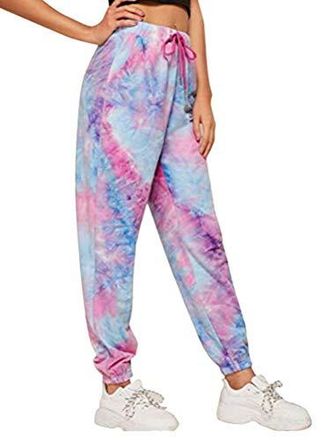Minetom Pantalon de Jogging Femmes Pantalons de Survêtement Long pour Running Fitness Training Élastique Taille Haute Tie-Dye Mode Pants avec Poche Cordon E V