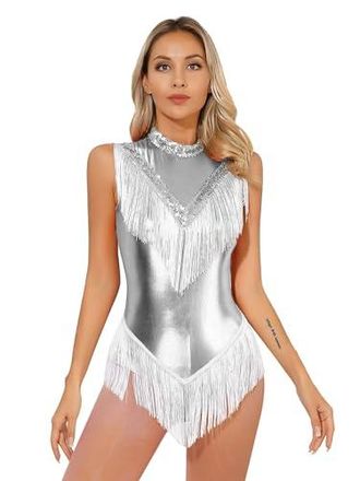 TiaoBug Femme Justaucorps de Gymnastique M&eacute;tallique Combinaison Body de Danse Frang&eacute;e Brillante L&eacute;otards Danse Ballet Jazz Latine Tango Dancewear S-XXL Argent