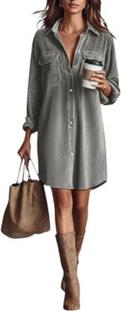 Minetom Robe Chemise en Velours C&ocirc;tel&eacute; Femme Automne Hiver D&eacute;contract&eacute;e Manches Longues Robes avec Boutons Poches A Gris XL