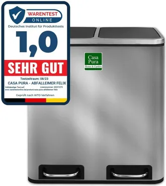 Floordirekt Felix Poubelle Tri S&eacute;lectif Amortisseur de Fermeture Design Id&eacute;al pour Cuisine et Bureau Argent&eacute;, 2 x 15 Litres