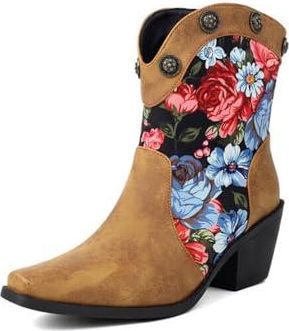 Generic Bottines Western Dessiné Floral pour Femmes, avec Talons Bloc À Bout Pointu, en Cuir Synthétique Doux, Semelle Antidérapante, Bottes De Mode.,Jaune,38