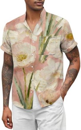 Generic Chemise hawa&iuml;enne &agrave; manches courtes pour homme - Imprim&eacute; 3D - Col montant - Chemise boutonn&eacute;e - Grande taille - Hauts d&eacute;contract&eacute;s - Hauts d&eacute;t&eacute; l&eacute;gers