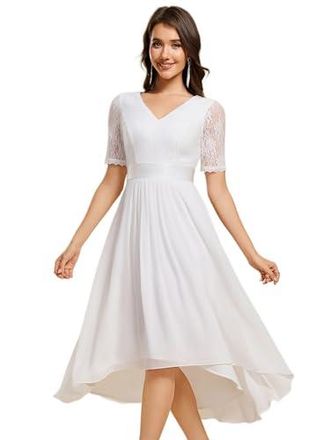 Ever-pretty Robe de Soir&eacute;e Femme Midi Dentelle Col V Manches Courtes Blanc 48