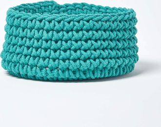 Homescapes gestrickter Aufbewahrungskorb in blaugrün, runder Strickkorb/Stoffkorb 37 x 21 cm aus 100% Baumwolle mit Grobstick-Optik, petrol