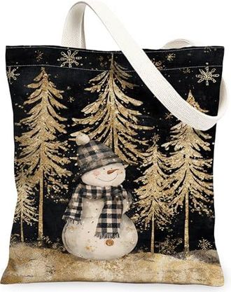 Generic Sac fourre-tout en toile motif arbre de neige r&eacute;utilisable, vintage, rustique, l&eacute;ger, lavable, noir, 13x15 Inch
