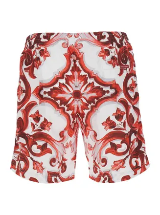 Dolce & Gabbana Mens Swim Shorts Maiolica Print Burgundy Beachwear Sea Clothing