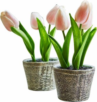 Loberon Deko-Tulpe 2er Set Zéphine, von Hand Gefertigt, Topf im Vintage-Look, Frühlingshafte Dekoration, Kunstblumen, Polyester, Zement, Polyresin, rosa