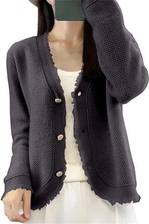 Generic Pull en laine &agrave; col en V pour femme - Cardigan &eacute;l&eacute;gant en tricot - Manteau court &agrave; manches longues, gris fonc&eacute;, Taille XL