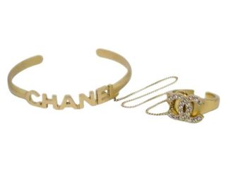 Chanel Gold Plated Rhinestone and Logo Cuff Bracelet and Ring Set