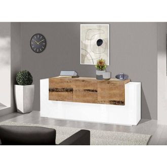 Dmora Modernes Sideboard mit 5 T&uuml;ren und 2 Schubladen, Made in Italy, K&uuml;chen-Sideboard, Wohnzimmer-Design-Buffet, 220x45h86 cm, Glanzwei&szlig; und Ahornfarbe