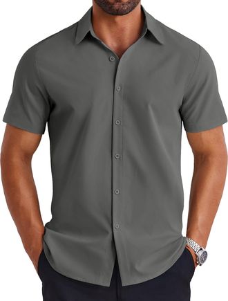 Coofandy Herren Kurzarm Hemd M&auml;nner Freizeithemd Casual Hemden Einfarbig Sommer Shirt Regular Fit Dunkelgrau M