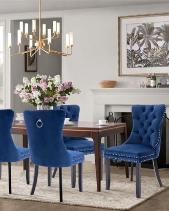 Generic Samtgepolstertes, Getuftetes Esszimmerstuhl-Set Mit Nagelkopfbesatz Und Beinen Aus Massivholz - Beige (für Esszimmer, Küche, Restaurant)(Blue,Set of 4