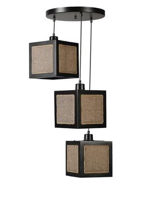 Opviq Elegant Chandelier with FIR Wood Body & Natural Fabric Cap, Adjustable Height 70 cm, Black & Rattan Colors, E27 Socket, Perfect for Modern Spaces