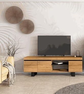 Skraut Home TV-Möbel Mod.Natural Eiche/Schwarz, 2 Türen und 2 Wohnungen, Wohnzimmer, 160 x 40 x 53 cm