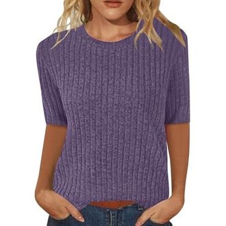 Generic Haut &agrave; col rond pour femme &agrave; manches courtes - Haut d&eacute;t&eacute; en coton tricot&eacute; c&ocirc;tel&eacute; taille fusel&eacute;e T-shirt basique extensible &eacute;paules droites chemise l&eacute;g