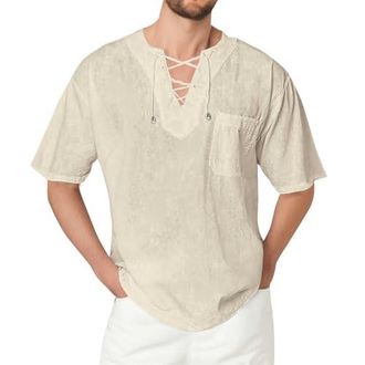 Generic Chemise dentra&icirc;nement en coton et lin pour homme - Chemise d&eacute;contract&eacute;e &agrave; manches courtes - Tunique respirante, beige, XXL