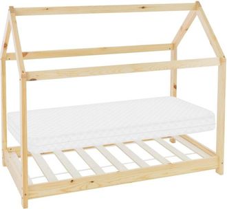 ML Design Kinderbett 70x140 cm Natur mit Matratze, Dach und Lattenrost, Hausbett f&uuml;r M&auml;dchen und Jungen, Kinderhaus aus Kiefernholz, Bodenbett Jugendbett