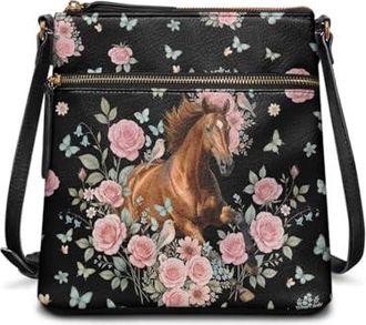 Coloranimal Sac &agrave; bandouli&egrave;re pour femme - Sac &agrave; bandouli&egrave;re &agrave; fermeture &eacute;clair - Sac &agrave; bandouli&egrave;re l&eacute;ger en cuir synth&eacute;tique, Cheval papillon rose