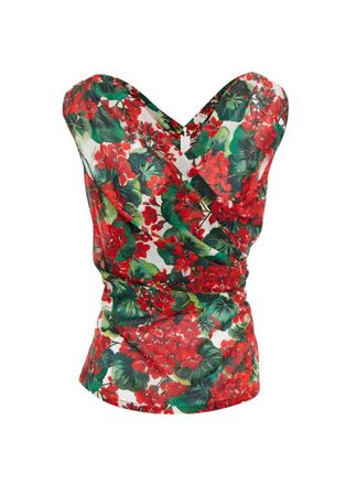 Dolce & Gabbana Red Geranium Printed Draped Chiffon Top Size L