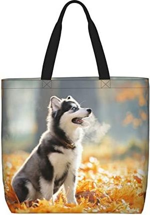 Generic Sac Fourre-Tout Huskies De Sib&eacute;rie Feuilles DAutomne Femmes Sac &Agrave; Bandouli&egrave;re Pliable De Grande Capacit&eacute; Sacs En Toile, Pour Shopping, &Eacute;cole, Filles, 