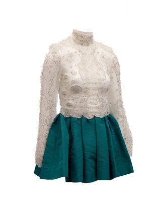Valentino Garavani Beaded Lace Top with Contrast Skirt Dress - White
