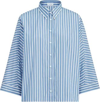 Brunello Cucinelli Femme, Blouses et Chemises, Bleu, Taille: 42 FR Chemise en popeline de coton &agrave; rayures ombr&eacute;es avec Monili