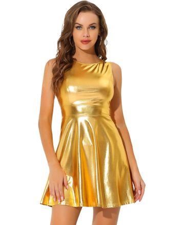 Allegra K Damen Weihnachten Metallisch &Auml;rmellos Rundhals Hohe Taille Holographisches Flare Kleid, gold, 46